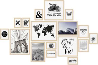 Photolini Bilderrahmen Set verschiedene Größen, 17 Bilderrahmen Holz MDF Natur, Bilder Rahmen mit Acrylglas, Bilderrahmenset zum Aufhängen, Fotorahmen Set mit Z