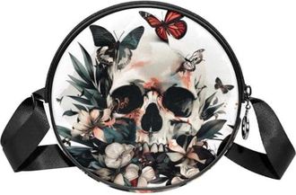 Generic Petit sac &agrave; bandouli&egrave;re circulaire pour femme, motif cr&acirc;nes, fleurs, petit sac &agrave; bandouli&egrave;re avec fermeture &eacute;clair, bretelles r&eacute;glables, sac &agrave; main ro