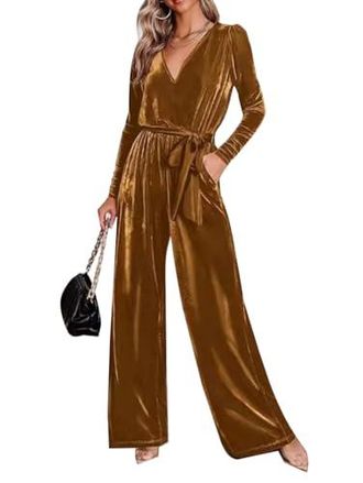Minetom Combinaison Femme Chic Col V Velours Jumpsuit Une Pi&egrave;ce Tenue Manches Longues Soir&eacute;e F&ecirc;te Overall avec Ceinture A Marron XXL