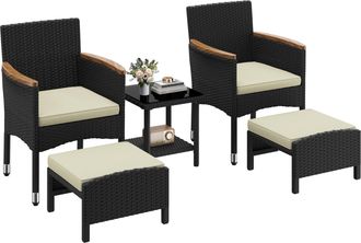 Yaheetech 5er Set Rattan Gartenm&ouml;bel Balkonm&ouml;bel Terassenm&ouml;bel Au&szlig;en Kleiner Balkon mit 2 Einzelsofas & 2 Fu&szlig;hocker & 1 Kaffeetisch, Schwarz & Beige