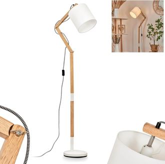 HOFSTEIN Stehleuchte Tukchor, moderne Stehlampe aus Metall/Stoff/Holz in Weiß/Naturfarben, Standlampe mit verstellbarem Schirm (Ø 21 cm) und Fußschalter am Kab