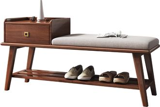 Generic Schuhbank Aus Massivholz for Den Eingangsbereich Mit Schublade Und Sitzfläche Aus Leinen - Schuhregalbank Im Landhausstil for Haustür, Flur (Walnuss/H