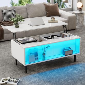 Generic Höhenverstellbarer Couchtisch in Weiß mit LED-Licht und verstecktem Stauraum, gehärtete Glas-Schiebetüren, 105x50x43 cm, modernes Design, ideal für kl