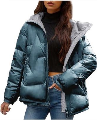 Generic Vestes dhiver courtes et l&eacute;g&egrave;res pour femme avec col montant et manteau brillant d&eacute;contract&eacute; 2026, Vert, M