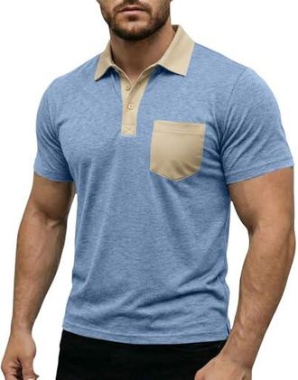 Generic DENGJIAMY Polo patchwork pour homme avec boutons Tredny et col en V - T-shirt d&eacute;t&eacute; &agrave; manches courtes - Chemises de golf pour activit&eacute;s en plein air - 