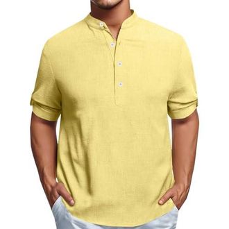 Generic Chemises en lin pour homme - Chemises &agrave; manches courtes en coton et lin pour homme - Polo &agrave; manches courtes - Col en V - Lot long - Blanc - T-shirt de