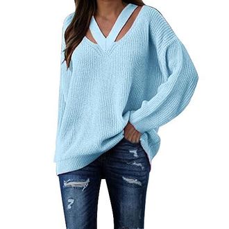 Generic sous Pull Chaud Pull Femme Chic Et Original D Automne Surdimensionn&eacute; &agrave; Col en V pour Femmes Sweat Polaire Femme Hiver Chaud Zipp&eacute; Blue XL
