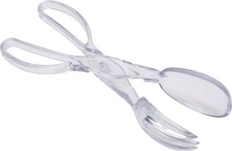KitchenCraft Salatzange Kunststoff, Servierbesteck, Salatbesteck Zange mit Gabel und Löffel, Langstielige Küchenzange, Spaghettizange, Transparent, Plastik, 29 cm