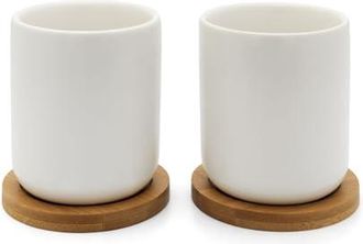 Bredemeijer wei&szlig;e Keramik Teebecher 2-teilig mit Untersetzer aus Holz