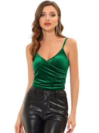 Allegra K Damen Spaghetti Tank Top Samt Velvet Ärmellos Tief V-Ausschnitt Party Bluse Dunkelgrün XS