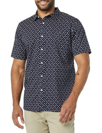 Amazon Essentials Herren Kurzärmeliges Hemd aus Popeline, Schmale Passform, Marineblau Rosen, L