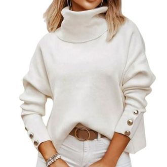 Generic Pull &agrave; col roul&eacute; pour femme, pull tendance &agrave; col roul&eacute; &agrave; manches longues et boutons pour lautomne et lhiver, blanc, XL