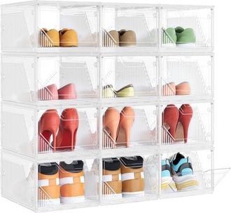 Songmics Bo&icirc;tes &agrave; Chaussures, Lot de 12, Rangement Chaussures en Plastique, Empilable et Reliable, avec Porte Magn&eacute;tique, Transparente, jusqu&agrave; la Pointure 46, 