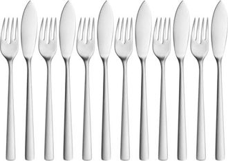 WMF Corvo Fischbesteck 12 teilig, 6 Personen, Besteck Set, Fischgabel, Fischmesser, Cromargan protect Edelstahl teilmattiert, kratzbeständig, spülmaschine