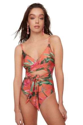 Trendyol Damen Detailed Tie Floral Pattern One Piece Swimsuit, Mehrfarbig, 34 EU