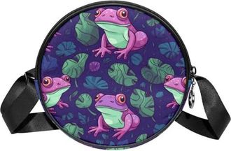 Generic Petit sac &agrave; bandouli&egrave;re circulaire pour femme, motif grenouilles, feuilles, sac &agrave; dos avec fermeture &eacute;clair, bretelles r&eacute;glables, sac &agrave; main rond d&eacute;co