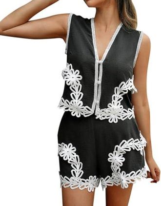 Generic Robes boh&egrave;me 2026 pour femmes et grandes filles, barboteuse bord&eacute;e de dentelle avec poches (nombreuses options), 7-16, Noir, XL