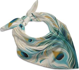 Generic Écharpe carrée en soie légère avec plumes de paon - Écharpe bohème pour cheveux - Respirant - Cadeau pour femme et homme, multicolore, 60x60cm