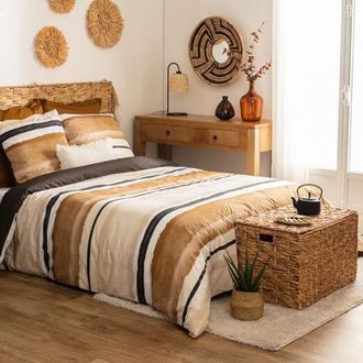 Atmosphera Atmosphera - Parure de lit imprim&eacute;e Hana - Percale - Jaune Ocre - 240x220 cm