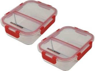Fackelmann 9941750 Lot de 2 boites de conservation en verre &agrave; 2 compartiments 1050mL, Lunchbox en verre et couvercle herm&eacute;tique &agrave; clips, Verre, Plastique, Rouge,