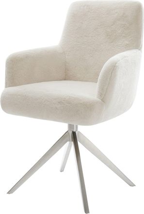 DELIFE Esszimmerstuhl Heira-Flex mit Armlehnen Kreuzgestell breit Edelstahl Pl&uuml;sch Creme-Wei&szlig; 360&deg; drehbar Wippfunktion Taschenfederkern