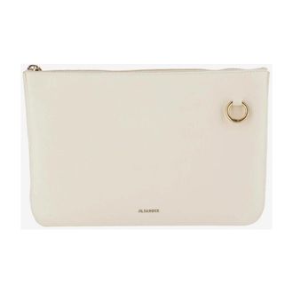 Jil Sander Leder Clutch mit goldenem Logo-Detail - - Bags - Damen - Wei&szlig; - ONE SIZE