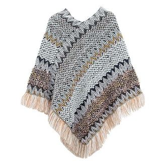 Generic Poncho en tricot pour femme - Style hippie - Doux - Frange au crochet - Cape asym&eacute;trique - Cardigan tricot&eacute; pour femme - Cape boh&egrave;me &agrave; franges - Ch&acirc;le