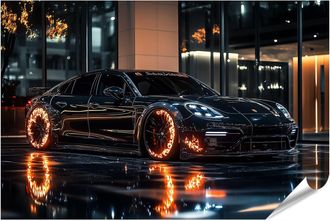 Islandburner XXL Bild Poster Schwarzes Auto mit leuchtenden R&auml;dern bei Nacht Premium Bilder Fotodruck
