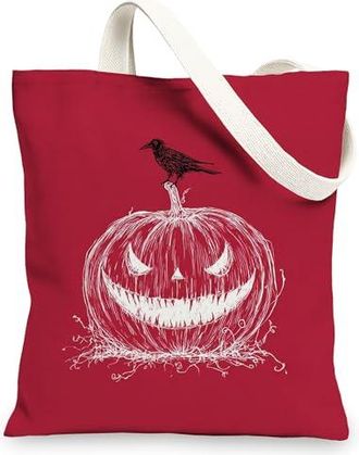 Generic Sacs fourre-tout en toile dHalloween, motif citrouille et corbeau, sacs dépicerie réutilisables, sacs vintage légers et lavables en toile pour Sho, Ro