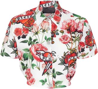Philipp Plein Femme, Blouses et Chemises, Multicolore, Taille: 44 FR Cropped Shirt With Tie Detail Love