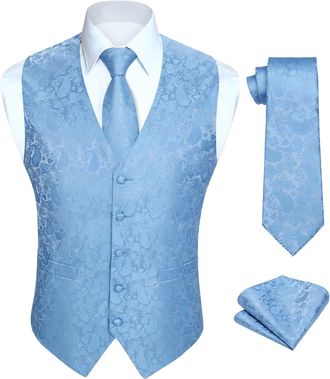 Hisdern Anzugweste für Herren Hellblau Paisley Hochzeitweste und Krawatte und Einstecktuch Jacquard Weste Herren Anzug Set Elegant Blau 2XL