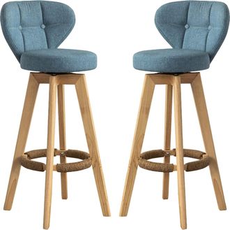 Generic Moderner Drehbarer Barhocker Aus Massivholz mit Gepolsterter R&uuml;ckenlehne, Abnehmbarem Und Waschbarem Sitz, Fu&szlig;st&uuml;tze Aus Hanfseil, 73 cm Hoch, Blauer 