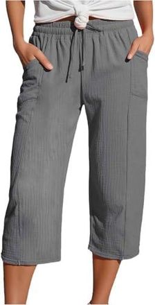 Generic Pantalon court en lin pour femme, pantalon capri pour femme, pantalon d&eacute;t&eacute; d&eacute;contract&eacute;, taille &eacute;lastique, pantalon de jogging 3/4 avec cordon de serra