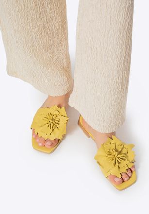 Wittchen Damen-Flip-Flops aus Leder mit gelben Zierblumen, Naturleder