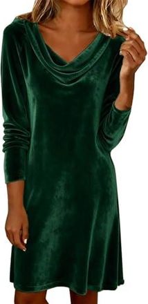 Generic Robe en velours avec col cascade pour femme - Robe &agrave; manches longues pour lhiver 2025 - Robe jaune pour femme Belle, vert noir, 3XL