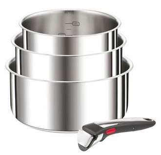 T-fal Ingenio Lot de 4 pièces, Casseroles 16/18/20 cm + 1 poignée amovible, Induction, Acier inoxydable, Empilable, Gain de place, Preference On L898S334