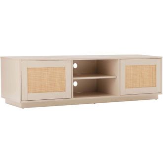Oviala Meuble TV suspendu en bois 2 portes en rotin L160 cm cr&egrave;me