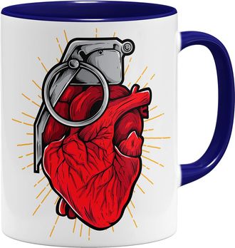 OM3 War Peace Heart Grenade Kaffee-Tasse - Keramik Becher - 11oz 325ml - Beidseitig Bedruckt - Dunkelblau