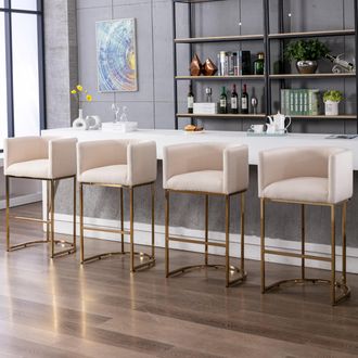 Generic Cremefarbenes Barhocker-Set Aus Leinen, 1/2/3/4, Thekenhöhe 24 Zoll, Mit Schwarzem Metallfuß(32 Cream Gold Legs,4)