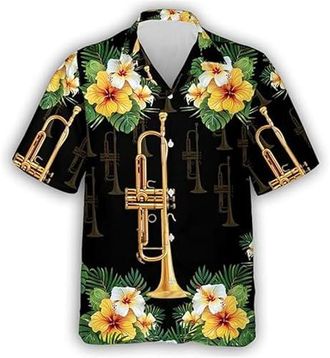 Keephen TangoDS Instruments de Musique Chemise Hawaiienne Femmes Hommes Trompette Impression 3D Manches Courtes Chemises &agrave; Boutons &Eacute;t&eacute; Chemise Aloha Plage