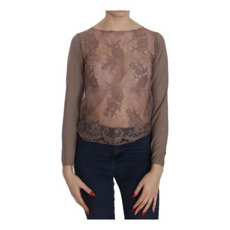 Pink Memories Braune Spitzenbluse mit Bootsausschnitt - - Blouses & Shirts - Damen - Braun - XS