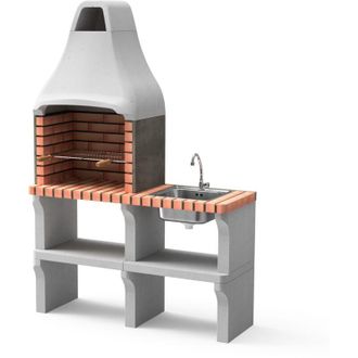 Movelar Movelar - Barbecue pr&eacute;fabriqu&eacute; &agrave; bois et charbon en b&eacute;ton r&eacute;fractaire mod&egrave;le New Iberia Plus xl avec &eacute;vier et support lat&eacute;ral (Gris, Orange - 128 x