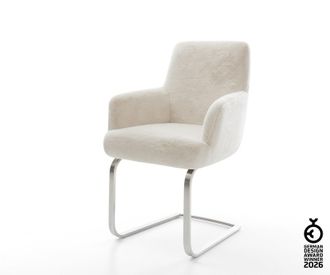 DELIFE Freischwinger Heira-Flex mit Armlehnen Pl&uuml;sch Creme-Wei&szlig; Freischwinger flach Edelstahl Taschenfederkern, Esszimmerst&uuml;hle