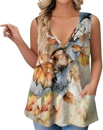 Generic Debardeur Femme Chic et &eacute;l&eacute;gant Chemisier sans Manche Imprim&eacute; D&eacute;bardeur Col V Top Ete Haut Chic et Elegant Fluide Ample Caraco Vetement Femme Ete Tee 