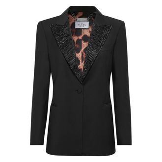 Philipp Plein Femme, Vestes, Noir, Taille: 38 FR Wool Boxy Blazer Skull Strass