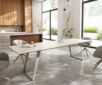 DELIFE Esstisch Edge 300x100 cm Keramik Laminam Travertino Bianco Creme-Wei&szlig; Metall Schr&auml;g Effektfinish Titan, Esstische