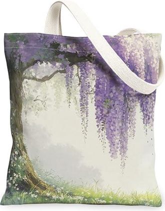 Generic Sac fourre-tout en toile de glycine printani&egrave;re pour le shopping, 33 x 38 cm, sac d&eacute;picerie r&eacute;utilisable pour femme, motif floral, d&eacute;coration cadeau