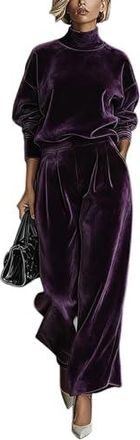 Generic Ensemble de 2 pi&egrave;ces en velours pour femme - Col roul&eacute; - Style d&eacute;contract&eacute; - Couleur unie - Pantalon large - Ensemble de deux pi&egrave;ces en velours - Pour