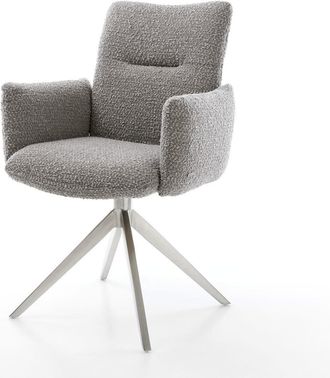 DELIFE Drehstuhl Jova-Flex mit Armlehnen Bouclé Silbergrau Kreuzgestell breit Edelstahl 360° drehbar Taschenfederkern, Esszimmerstühle