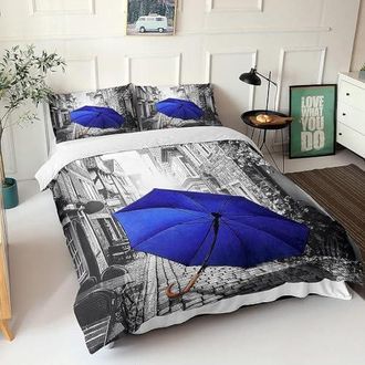 Generic Housse de Couette 220x240 Parapluies Bleus Parure de Lit 2 Personnes Style R&eacute;tro Romantique Imprim&eacute;e 3D Microfibre Literie Set 3 Pi&egrave;ces avec Housses C